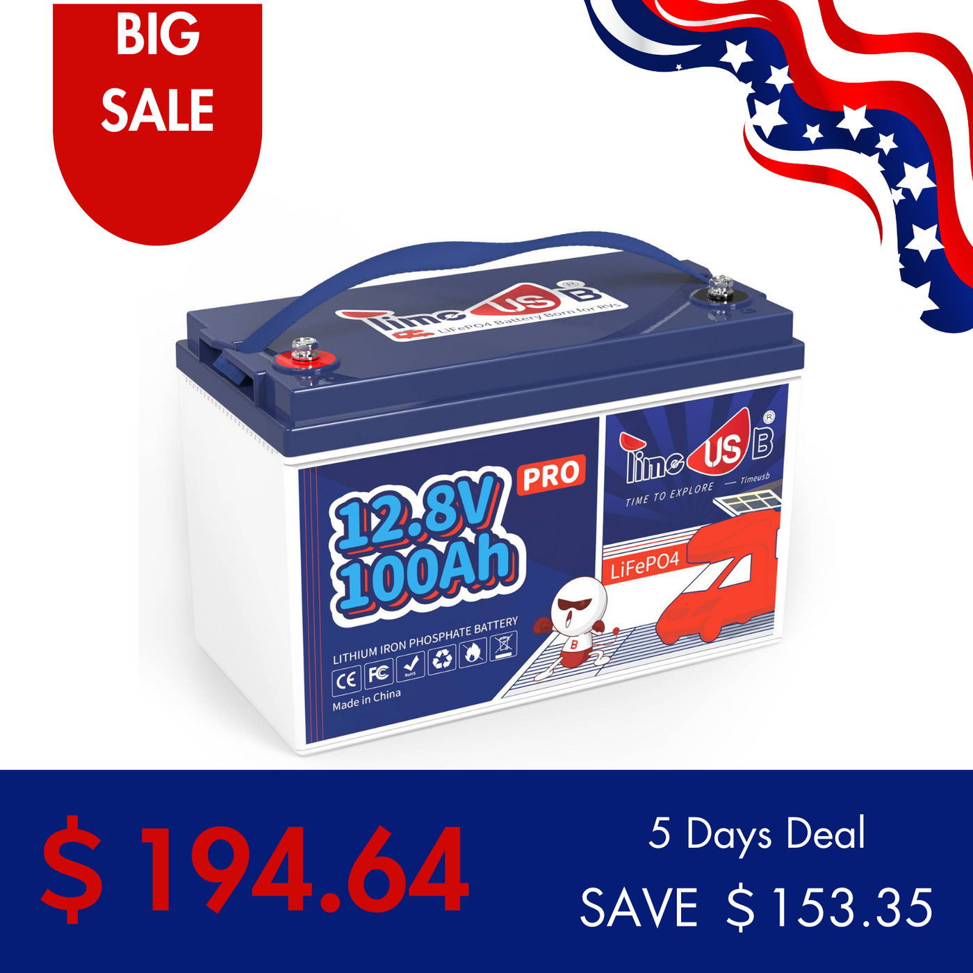 Timeusb 12V 100Ah Pro LiFePO4 Lithium Deep Cycle Battery