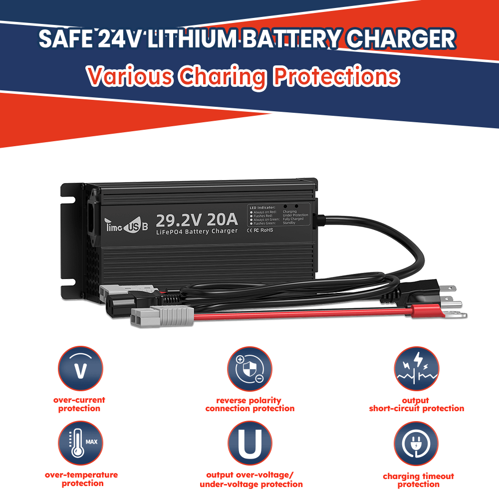 Timeusb 24V Battery Charger 20A, AC-to-DC Lithium Battery Charger